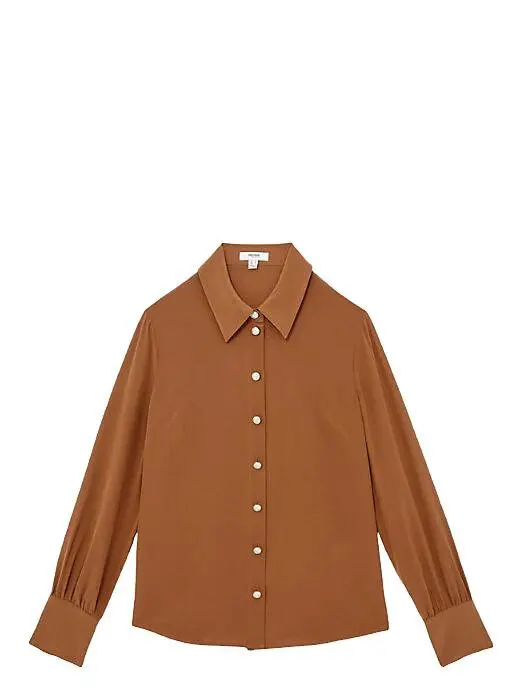 REISS Gianna Regular-fit Silk Shirt - Tan Brown