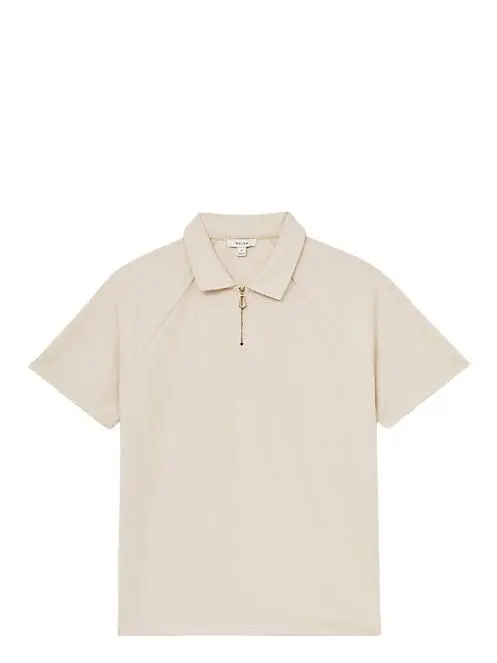 REISS Winston Zip-neck Short-sleeve Stretch-knit Polo - Stone
