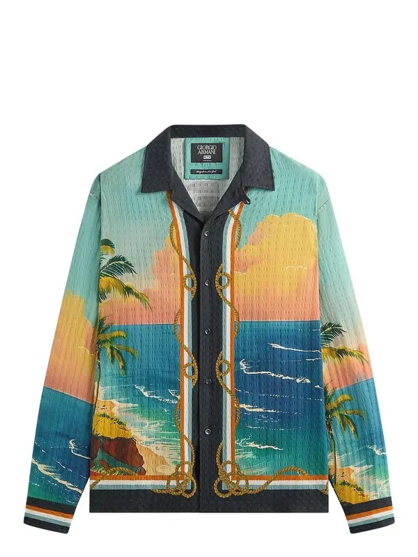 Kith X Giorgio Armani Ornamental Print Long Sleeve Thompson Camp Collar Shirt - Blue