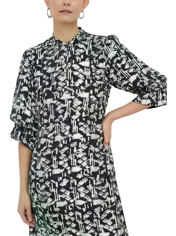 BRUUNS BAZAAR Geometric-print Puff-sleeve Midi Dress - Black