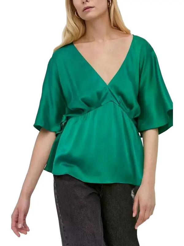 NOTES DU NORD V-neck Gathered Blouse - Green