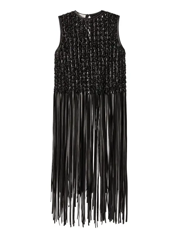 Lafayette 148 New York Leather Macrame Fringed Sleeveless Blouse - Black