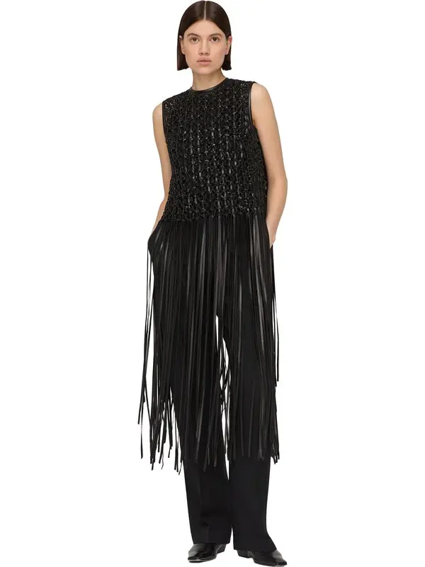 Lafayette 148 New York Leather Macrame Fringed Sleeveless Blouse - Black