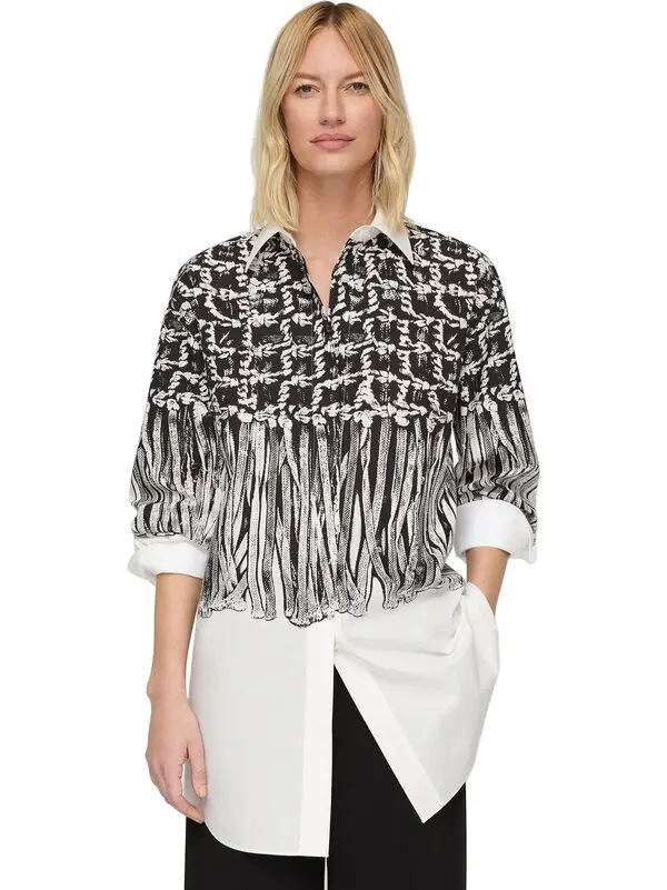 Lafayette 148 New York Scarf Print Cotton Poplin Oversized Shirt - Black Multi