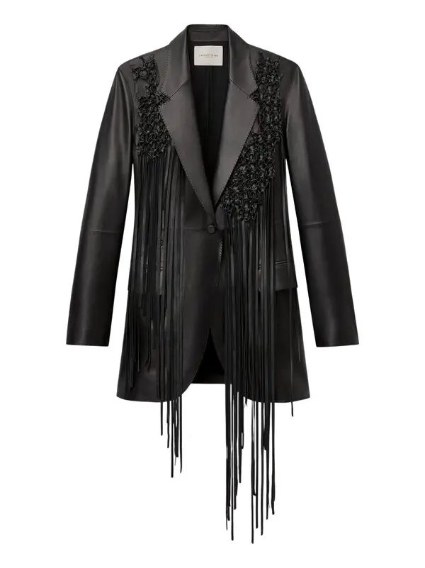 Lafayette 148 New York Nappa Leather Macrame Fringe Fitted Blazer - Black