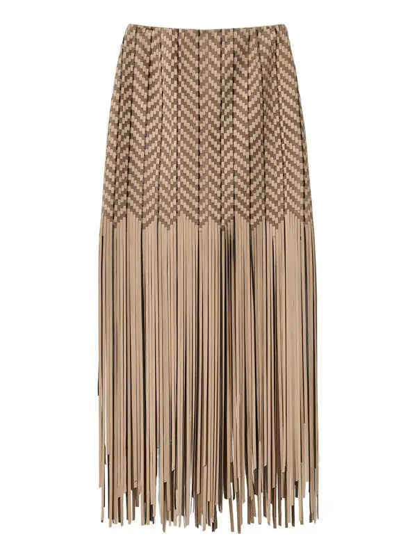 Lafayette 148 New York Paperfine Suede & Leather Herringbone Fringed Skirt - Concrete/taupe