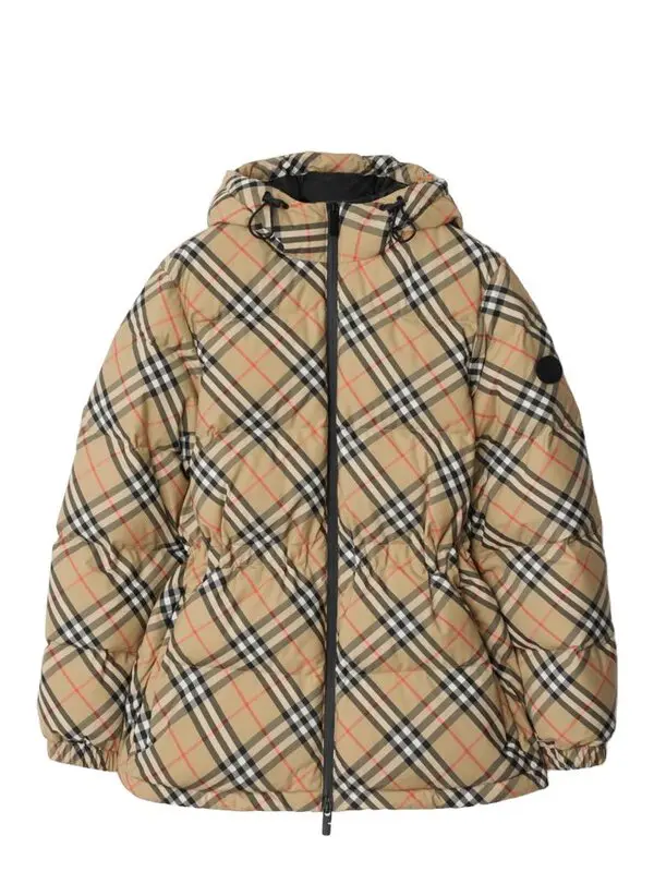 Burberry Check Nylon Hooded Puffer Jacket - Sand Beige