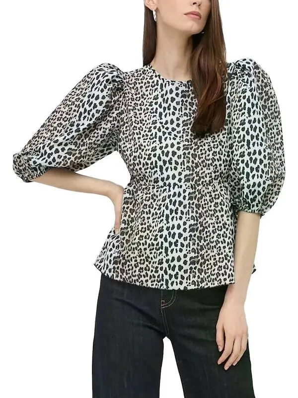 NOTES DU NORD Leopard-print Top With Puff Sleeves - White