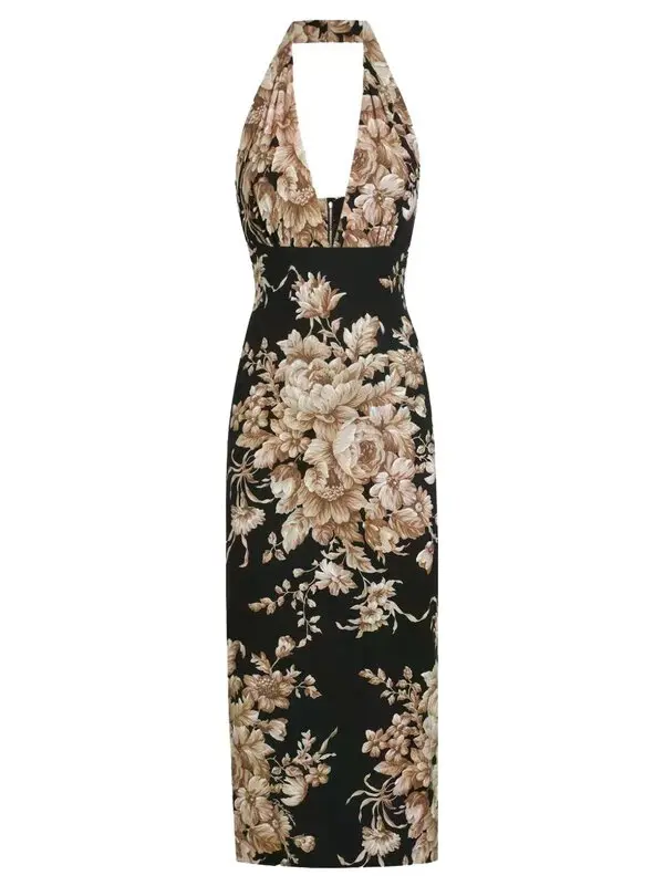 Dolce & Gabbana Floral-print Halterneck Midi Dress - Black