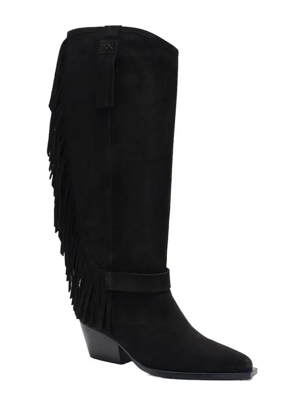 Free People Faith Fringe Western Boots - Faded Black Suede