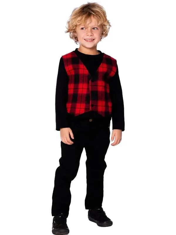 DEUX PAR DEUX T-shirt With Plaid Vest - Red And Black Plaid
