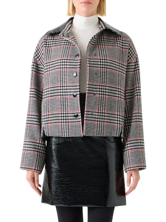Akris Glen Plaid Virgin Wool Jacket With Faux Leather Collar - Black-cream-vermillion
