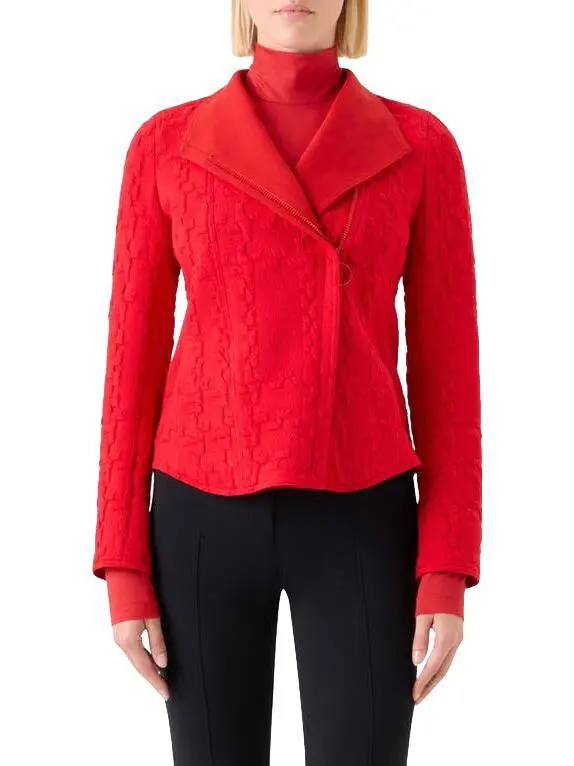 Akris Glen Check Cotton Blend Knit Moto Jacket - Vermillion