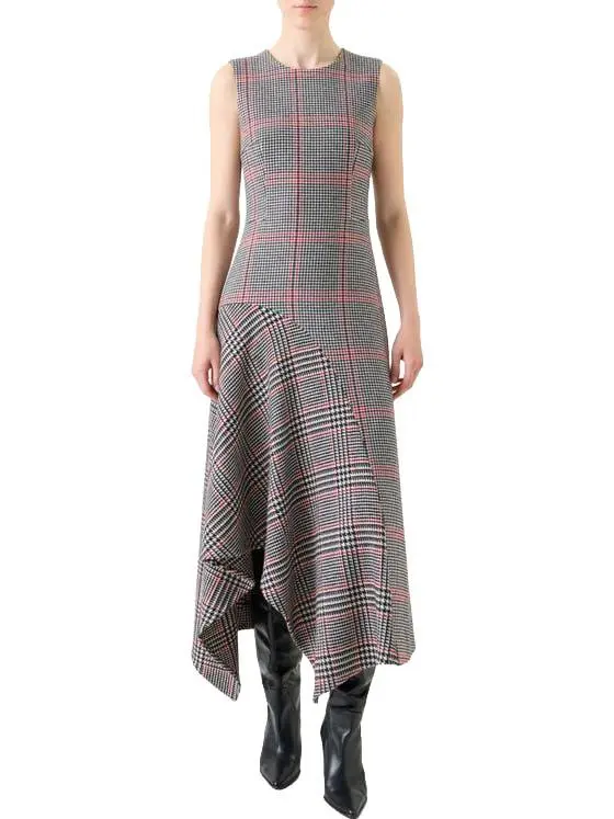 Akris Glen Plaid Asymmetric Virgin Wool Dress - Black-cream-vermillion