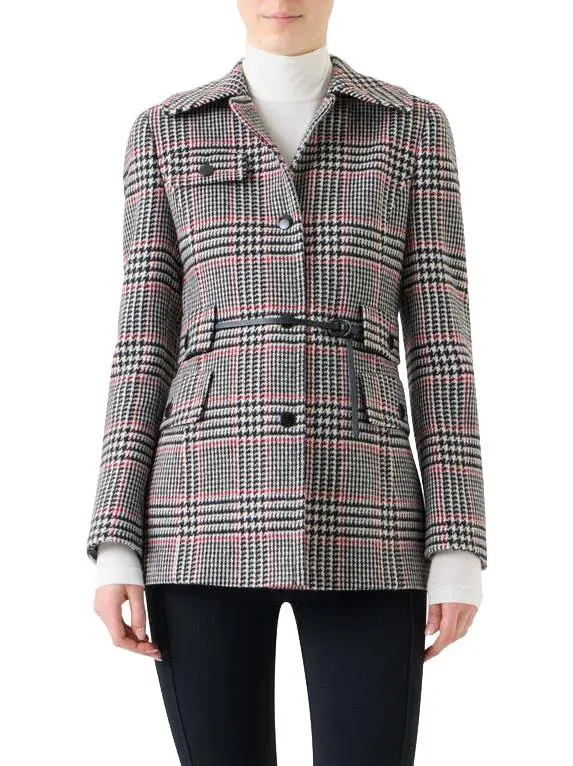 Akris Glen Plaid Virgin Wool Belted Jacket - Black-cream-vermillion
