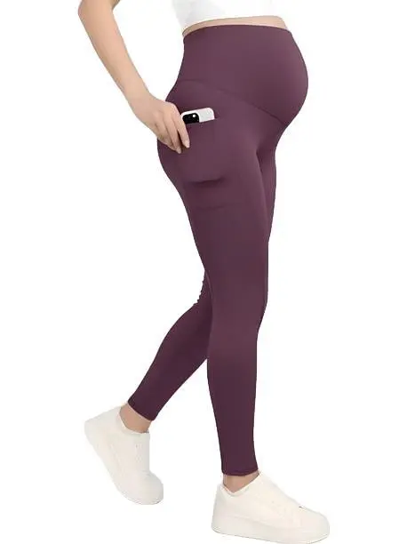 Motherhood Maternity Over The Belly Side Pocket Active Maternity Leggings - Mauve Wine