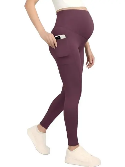 Motherhood Maternity Over The Belly Side Pocket Active Maternity Leggings - Mauve Wine
