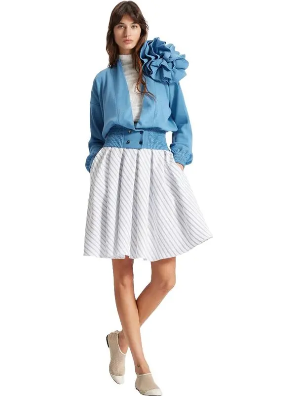 THEO THE LABEL Nomia Ribbed Waist Rosette Cardigan - Retro Blue
