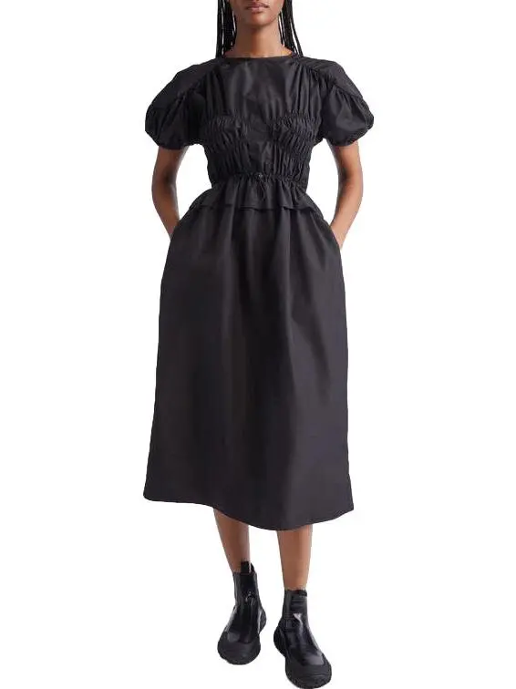 Cecilie Bahnsen Betsy Ruched Puff Sleeve Drawcord Waist Recycled Faille Dress - Black
