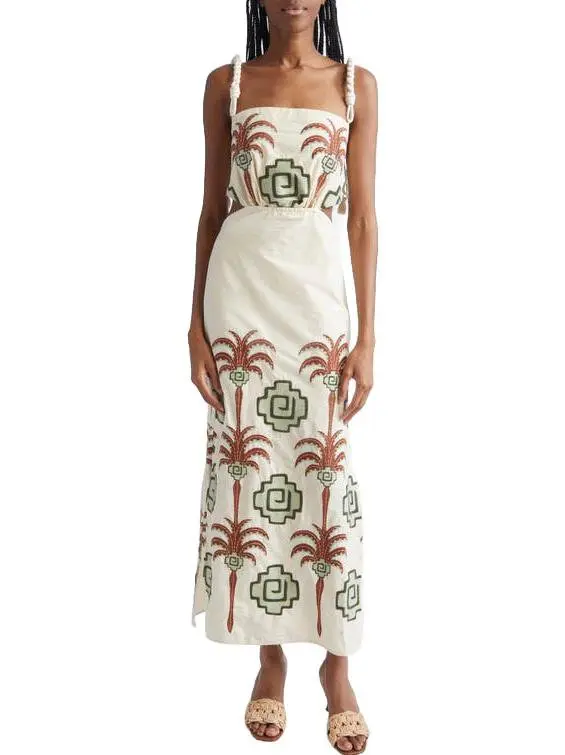Johanna Ortiz Tributaries Embroidered Cotton-blend Dress - Ecru/chocolate/camel