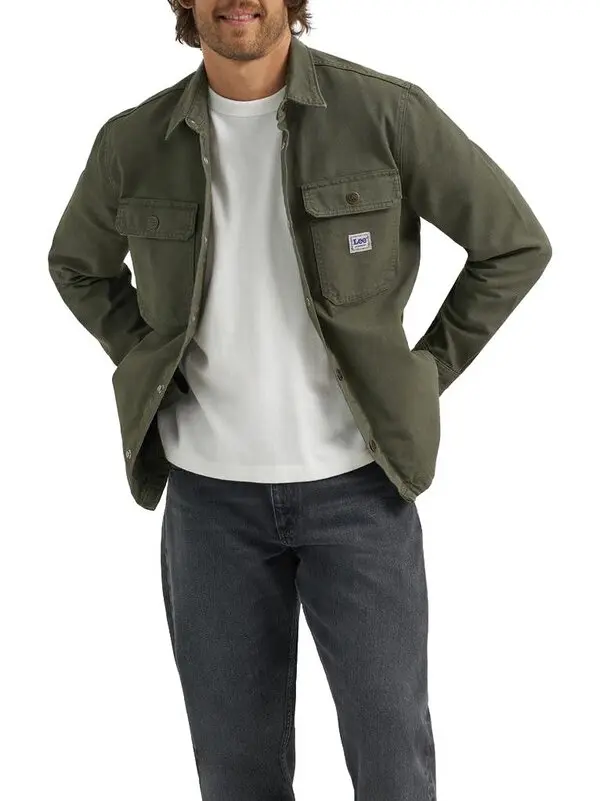 LEEM Cotton Canvas Snap-up Shirt Jacket - Oak Moss