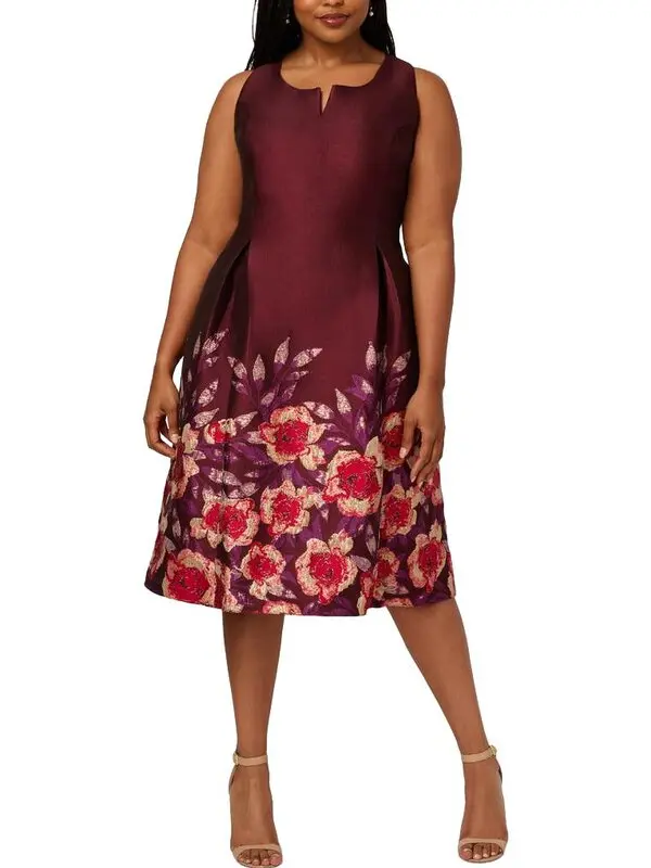 Adrianna Papell Pleated Jacquard Cocktail Dress - Plum Multi