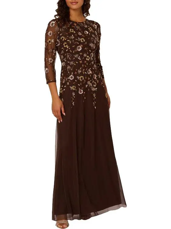 Adrianna Papell Beaded Mesh Gown - Chocolate