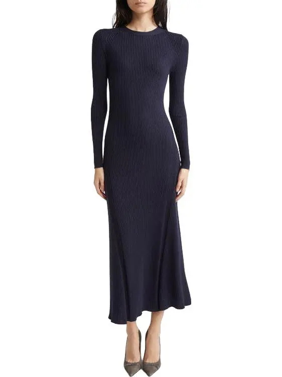 Eleventy Long Sleeve Wool & Silk Ribbed Sweater Dress - 11 Blue