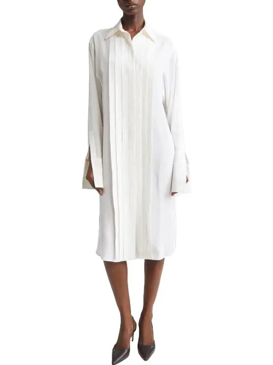 Michael Kors Pleated Front Long Sleeve Silk Shirtdress - Optic White