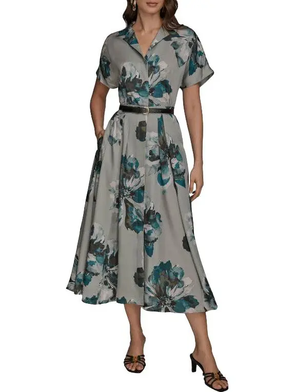 Donna Karan New York Belted Floral Print Shirtdress - Weatherd Sage