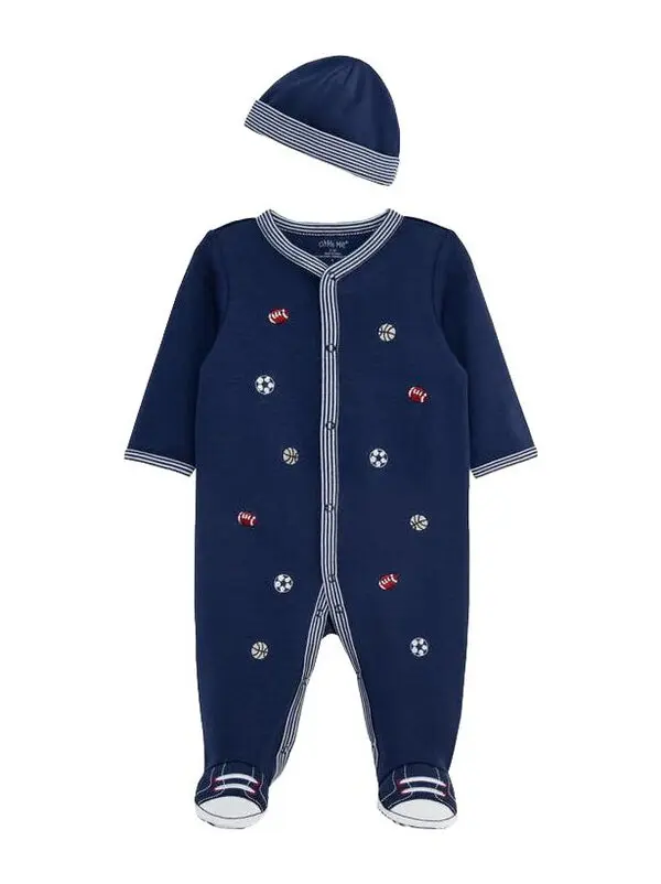 LITTLE ME Sports Cotton Footie And Hat Set - Blue