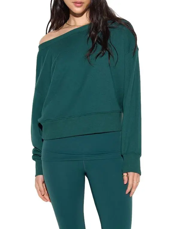 Spiritual Gangster La Vida Off The Shoulder Cotton French Terry Sweatshirt - Evergreen