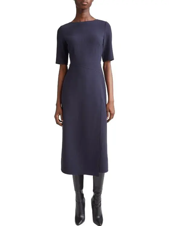 Lafayette 148 New York Faux Wrap Stretch Wool Midi Dress - Ink