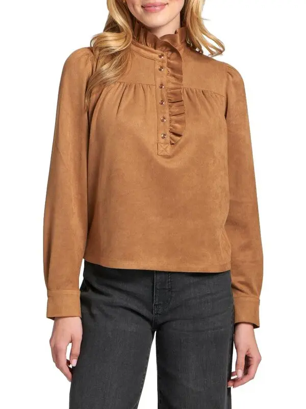 APNY Ruffle Snap-front Faux Suede Top - Caramel