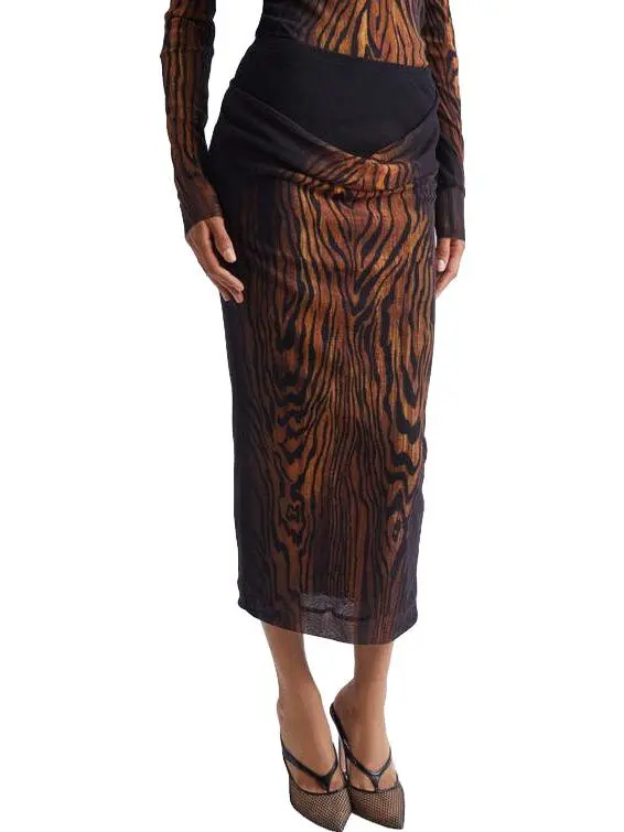 Jean Paul Gaultier Double Layer Wood Print Mesh Midi Skirt - Black/brown