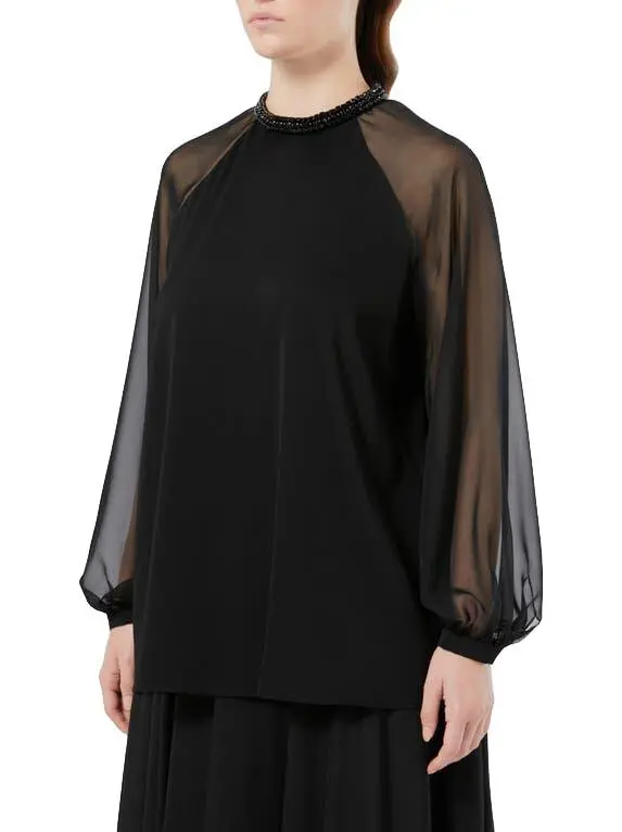 Marina Rinaldi Cambusa Beaded Neckline Sheer Sleeve Cady Top - Black