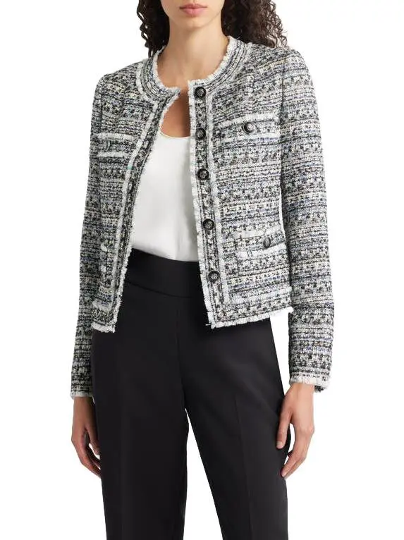 Elie Tahari Dakota Fringe Trim Tweed Jacket - Castle Blue Tweed