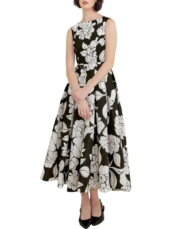 FREEMARKET Printed Belted Sleeveless Maxi Dress - Black