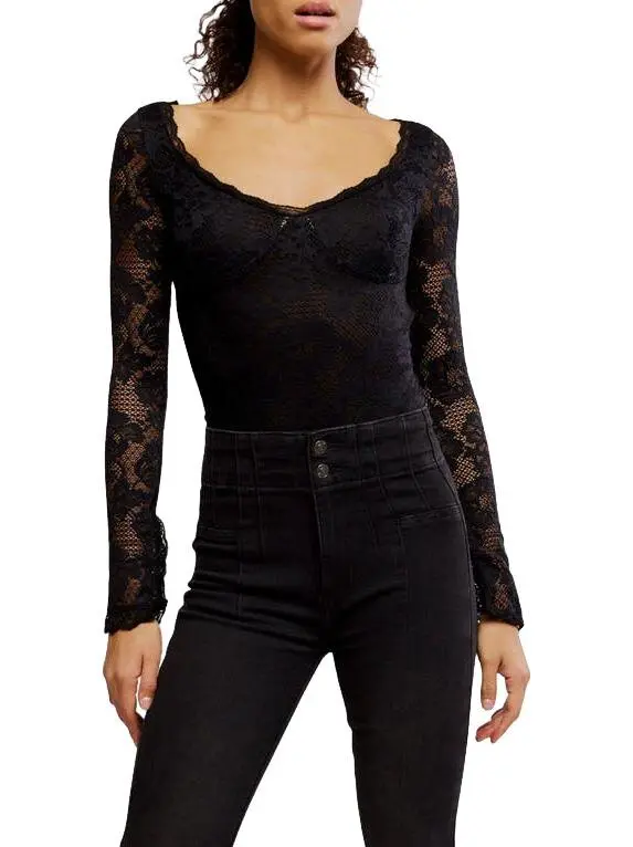 Free People Long Sleeve Lace Bodysuit - Black