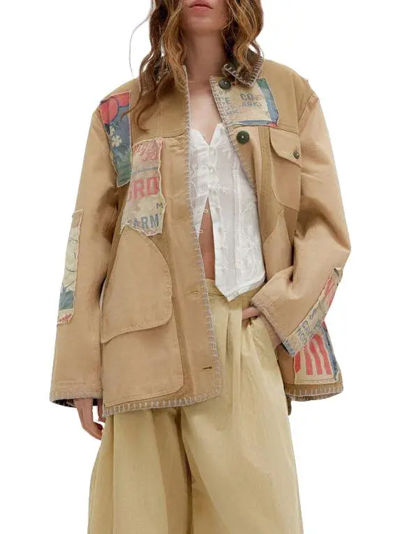 Free People Mixed Print Patchwork Twill Jacket - Brown Combo