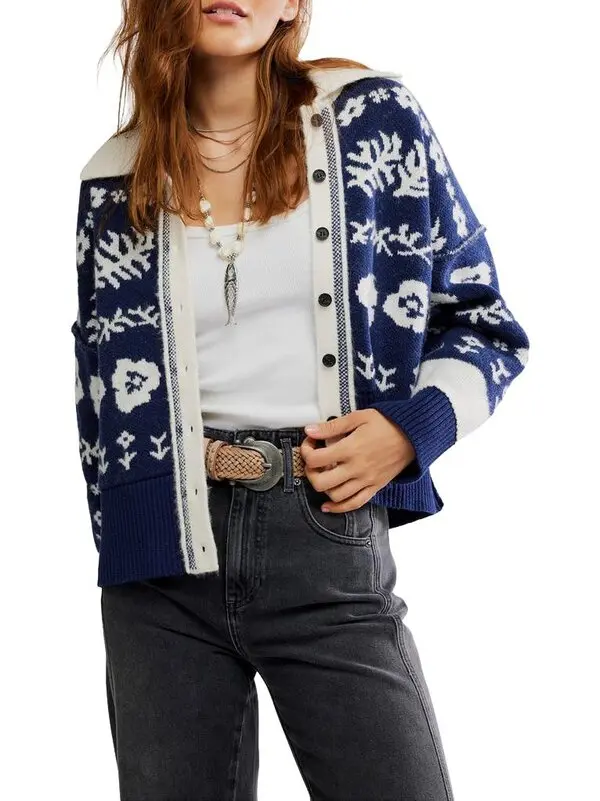 Free People Floral Jacquard Cotton-blend Cardigan - Navy
