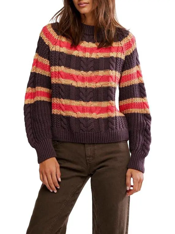 Free People Frankie Stripe Cable Stitch Cotton Sweater - Chocolate Combo