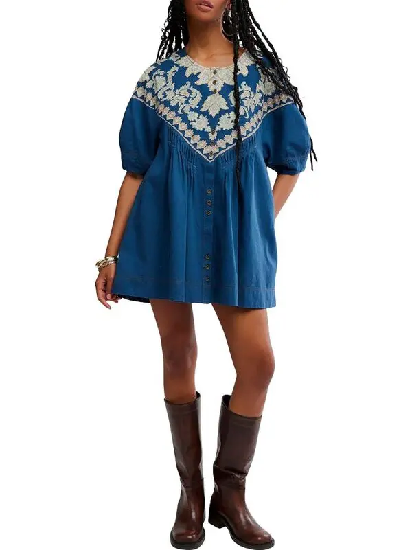 Free People Orson Shift Mini Dress - Indigo Combo