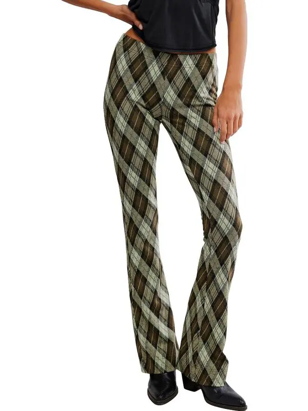Free People Chloe Plaid Flare Leg Knit Pants - Olive Combo