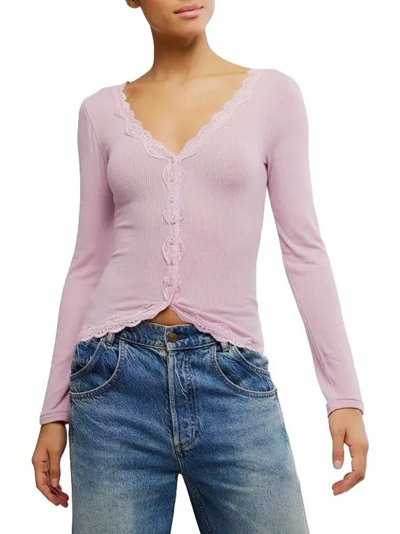 Free People Big Love Lace Trim Knit Button-up Top - Plum Blossom