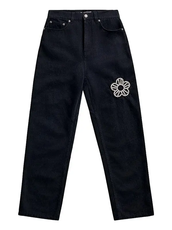 AREA Crystal Flower Mid-rise Straight Jeans - Black