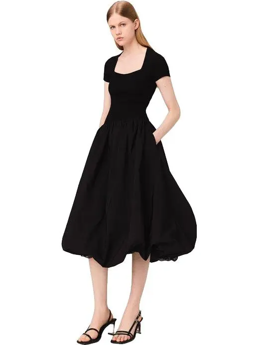 Maje Long Ribbed Knit And Taffeta Dress - Black