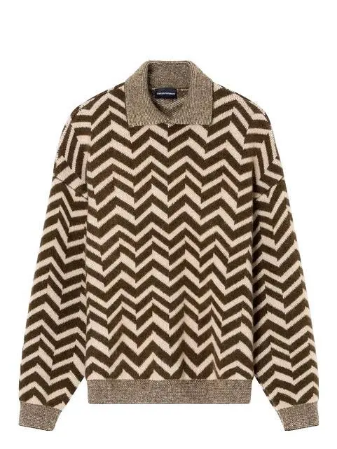 Emporio Armani Jacquard Wool-blend Jumper With Chevron Motif - Natural