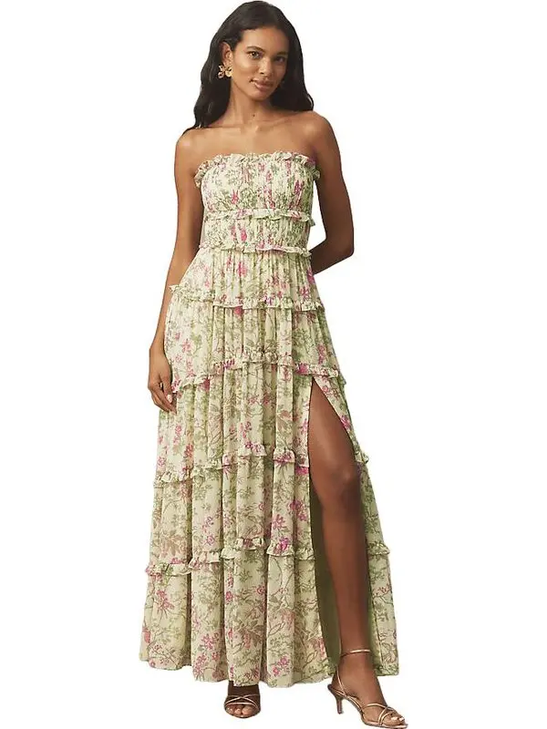 Bhldn Floral Chiffon Strapless Ruched Tiered A-line Midi Dress - Light Yellow