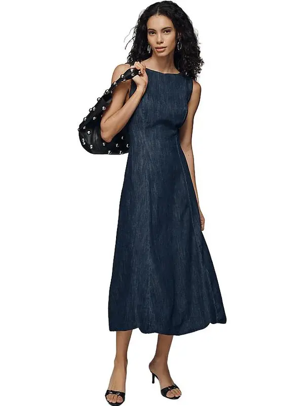Anthropologie Boat-neck Denim Midi Dress - Vintage Dark Denim